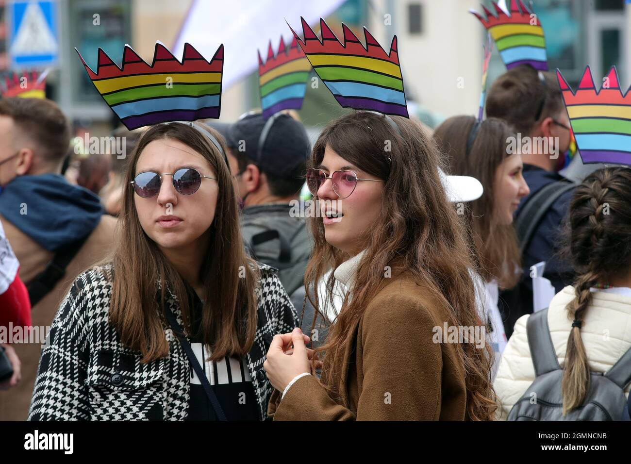 KYIV, UKRAINE - SEPTEMBER 19, 2021 - Demonstrators wear rainbow ...
