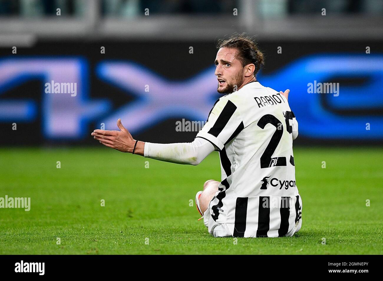 Turin, Italy. 19 September 2021. Adrien Rabiot of Juventus FC reacts ...