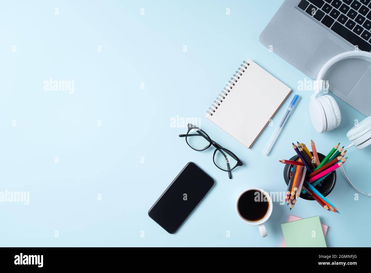 Online learning design concept. Top view of student table with computer ...