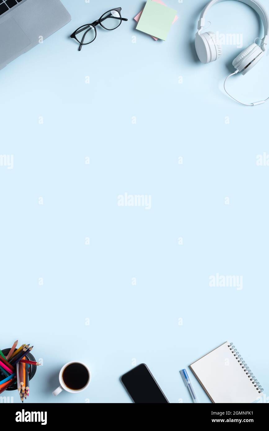 Online learning design concept. Top view of student table with computer ...