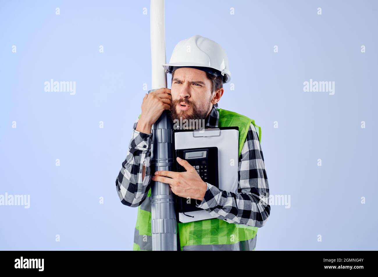 engineer with documents and drawings blueprints studio industry Stock ...
