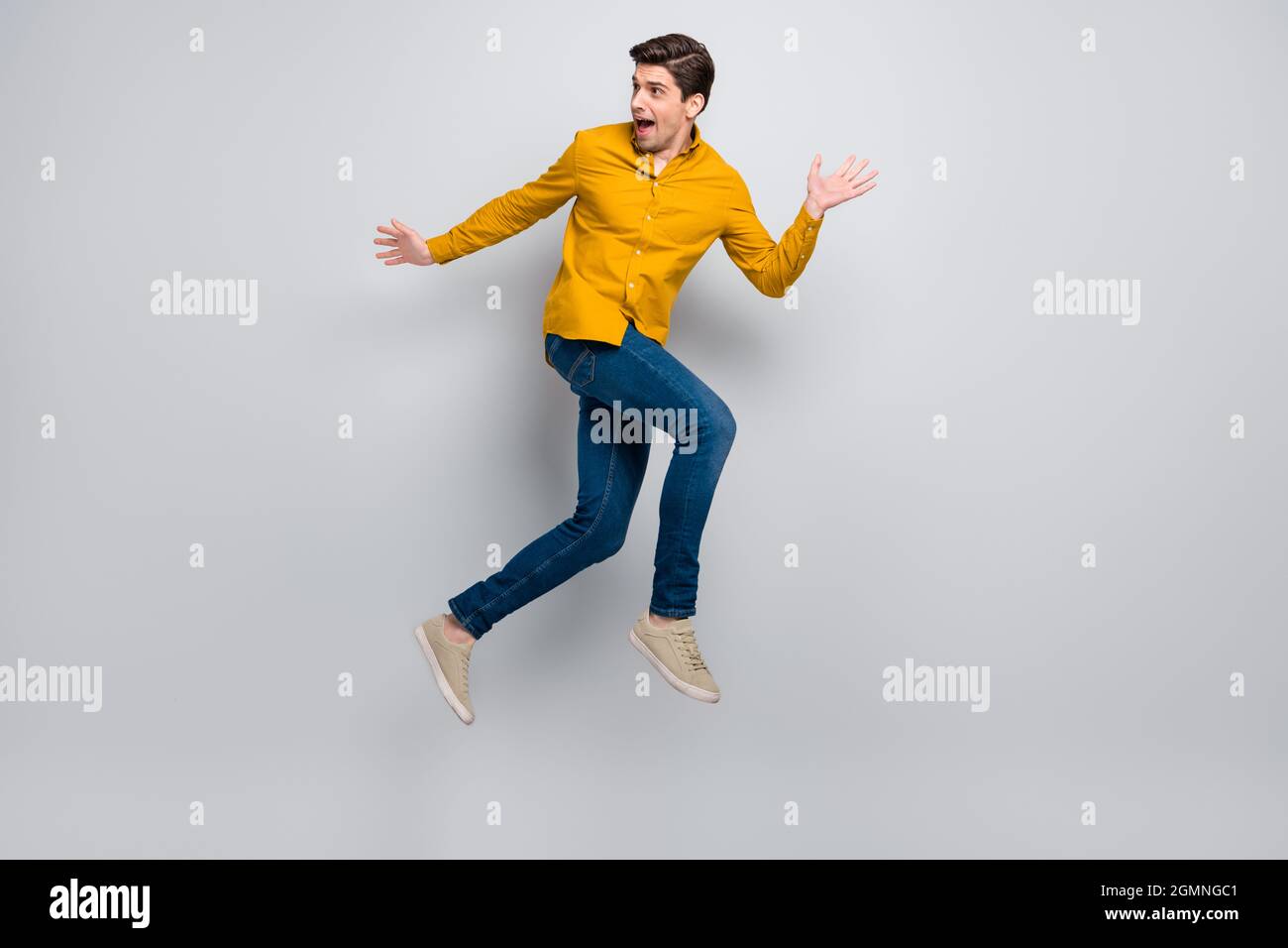 Full length body size view of attractive cheery amazed worried man ...