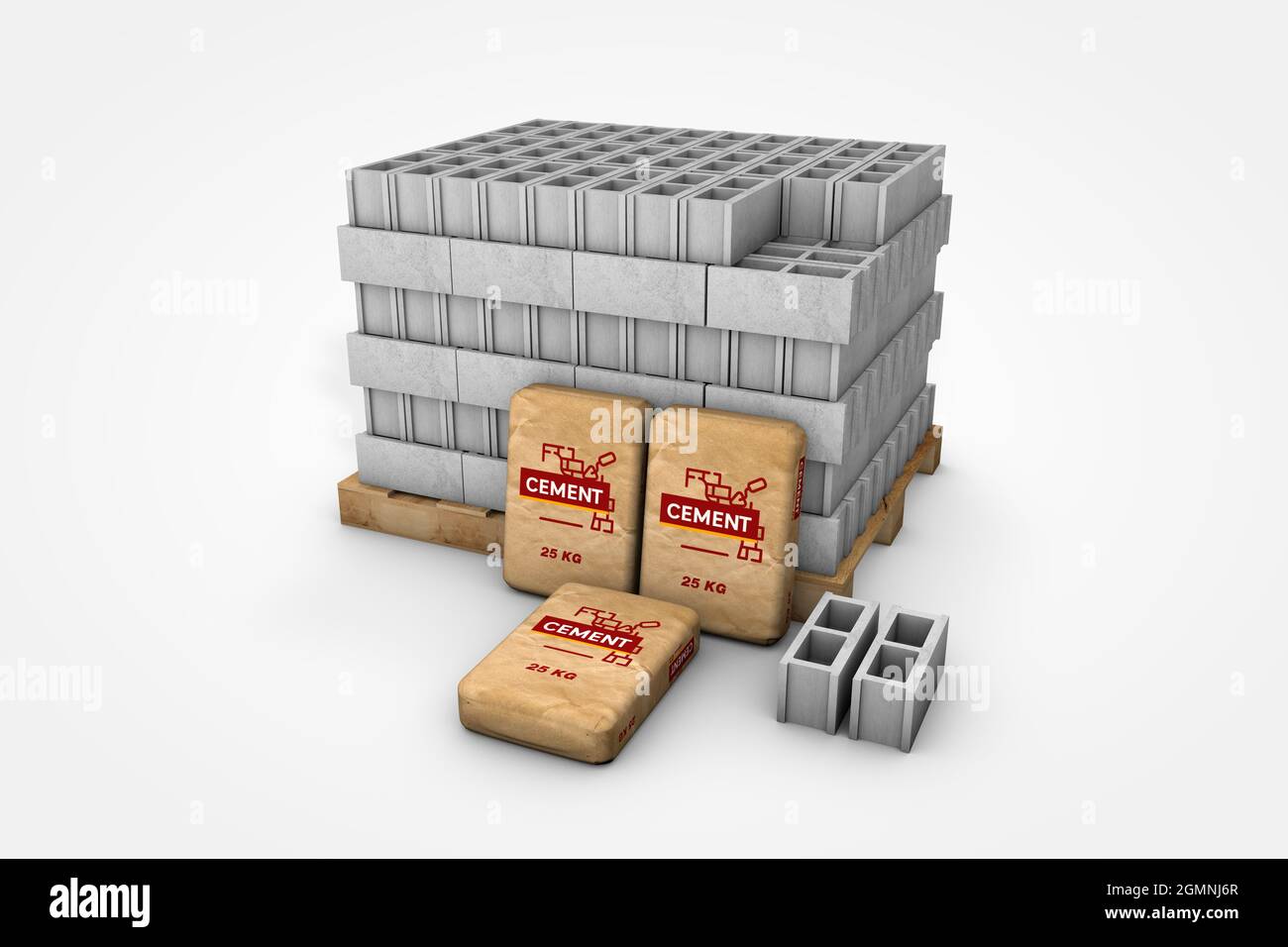 Pile of blocks with cement, insulated building materials on white ...