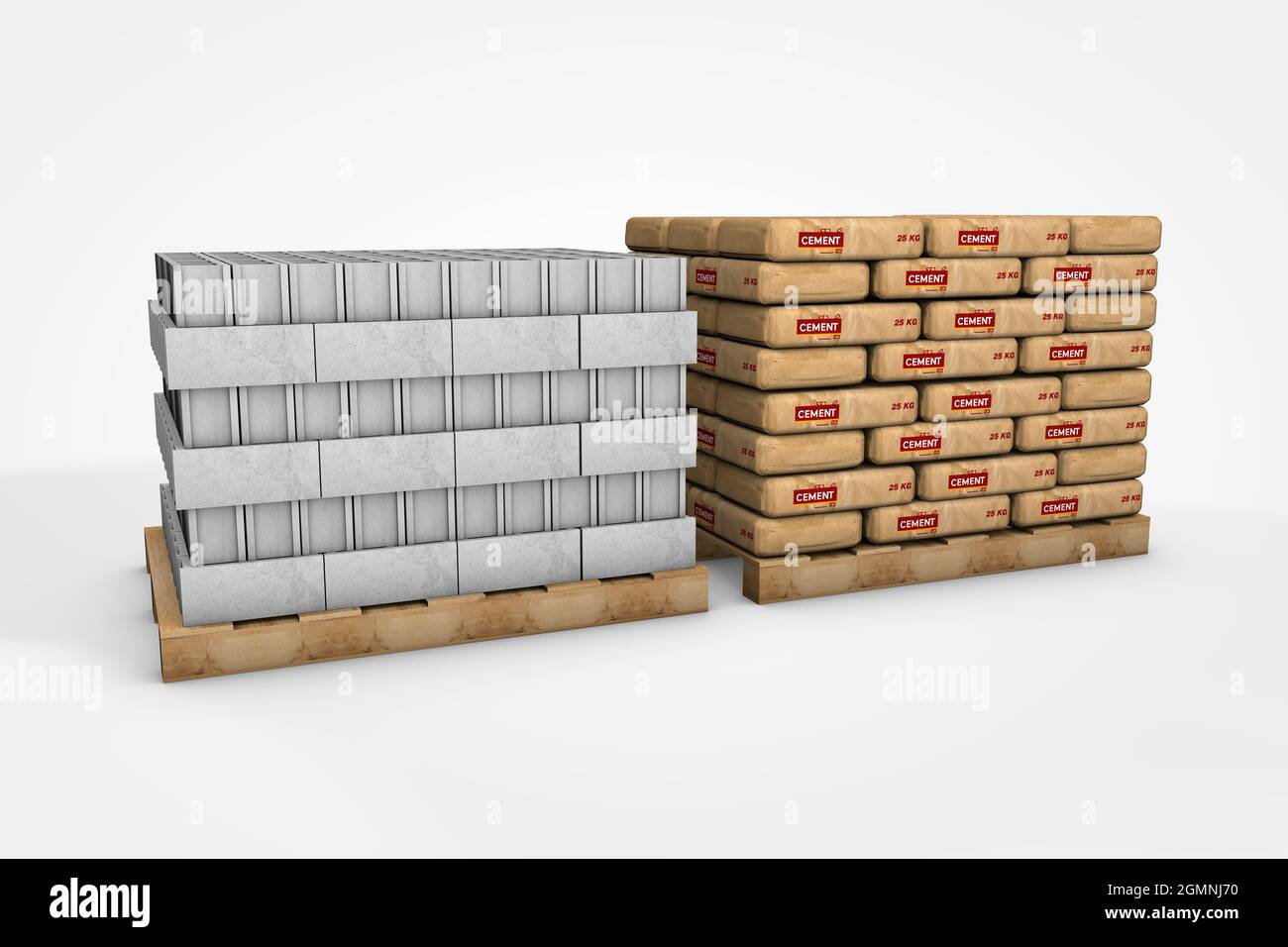 Pile of blocks with cement, insulated building materials on white ...