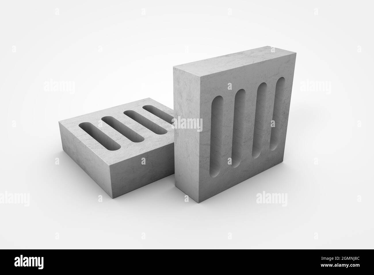 Prefabricated concrete materials, cement panels and tubes on a white ...