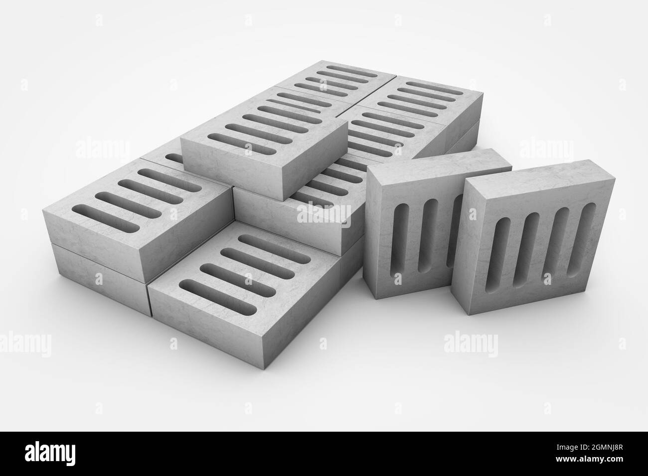 Prefabricated concrete materials, cement panels and tubes on a white ...
