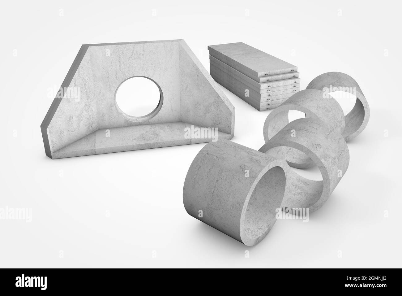 Prefabricated concrete materials, cement panels and tubes on a white ...