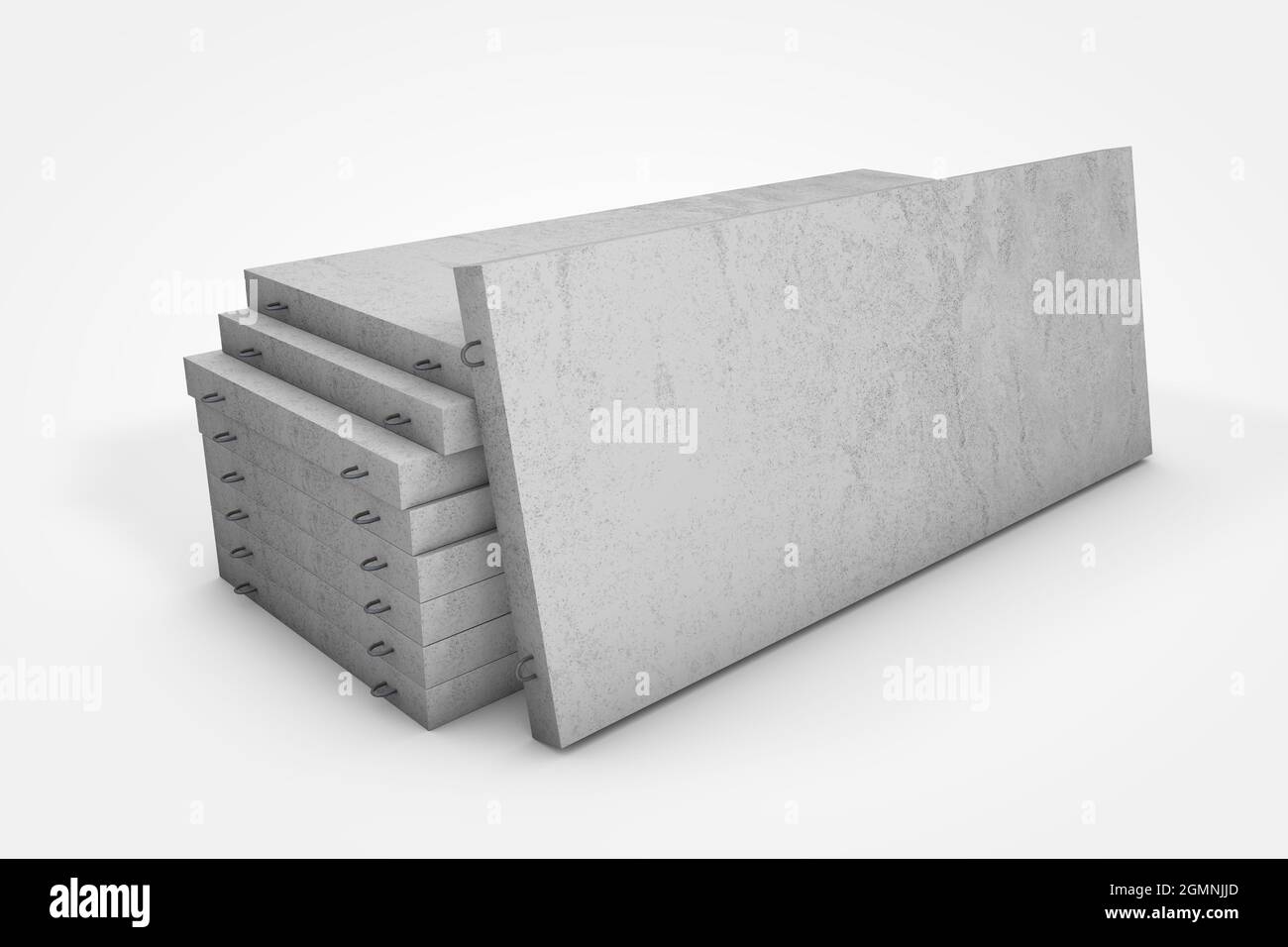 Prefabricated concrete materials, cement panels and tubes on a white ...