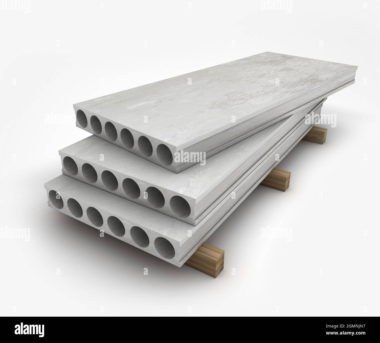 Prefabricated concrete materials, cement panels and tubes on a white ...