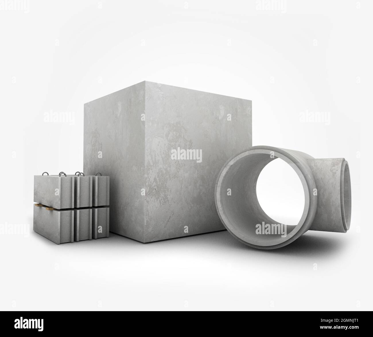 Prefabricated concrete materials, cement panels and tubes on a white ...