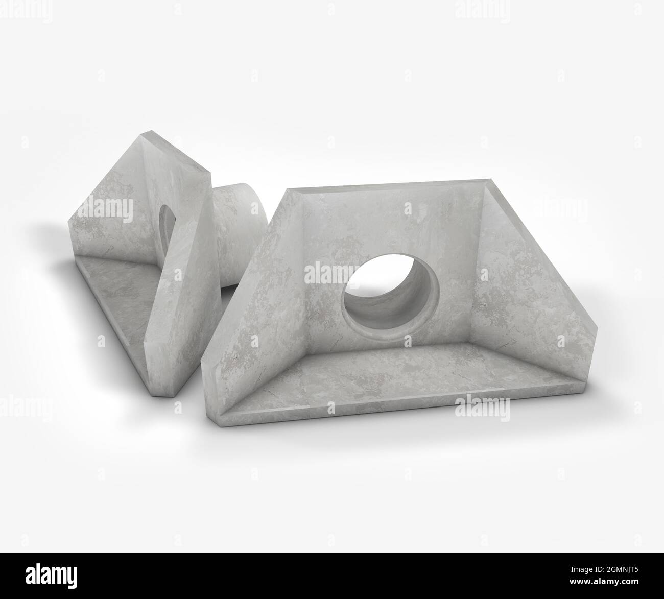 Prefabricated concrete materials, cement panels and tubes on a white ...