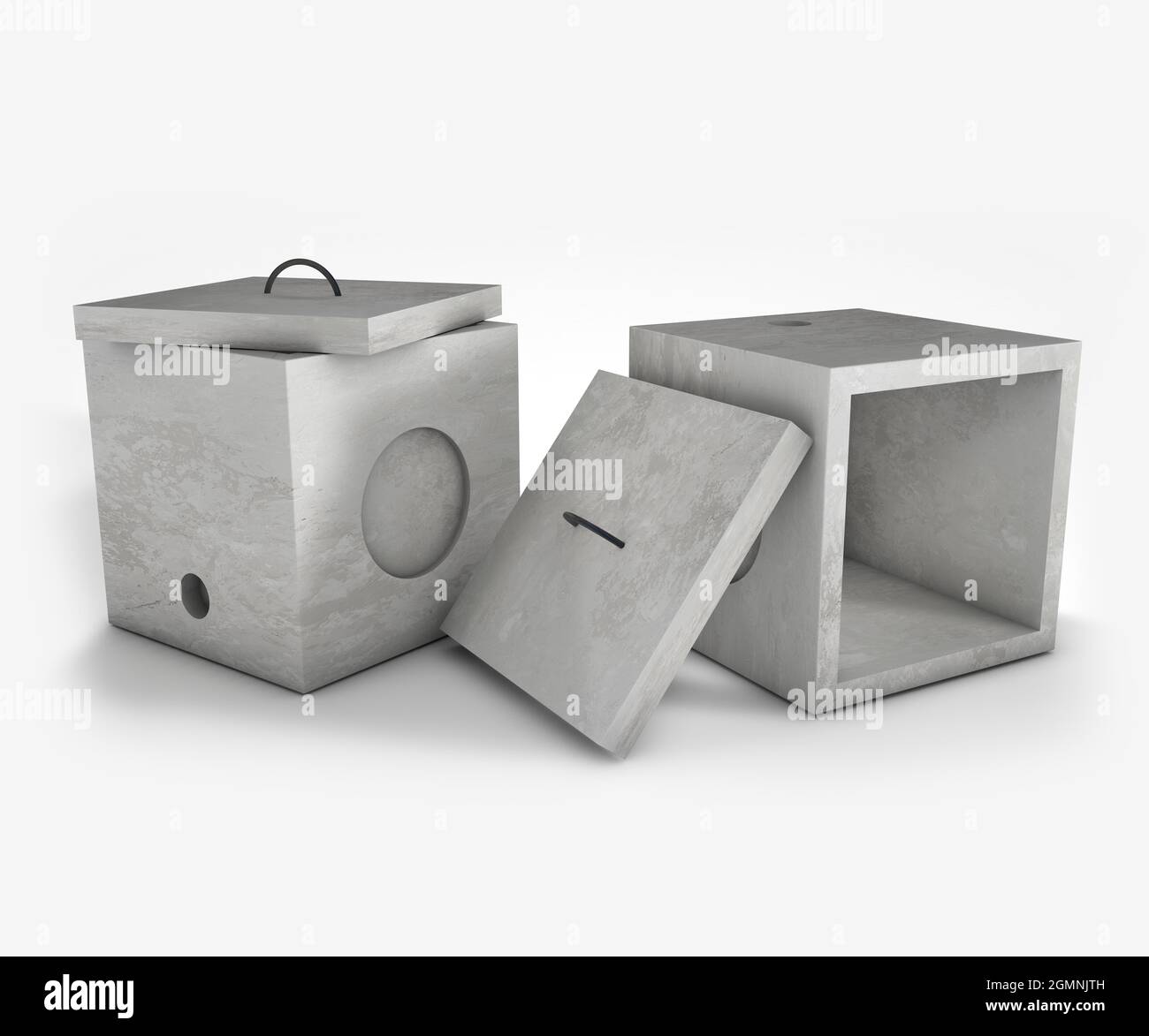 Prefabricated concrete materials, cement panels and tubes on a white ...