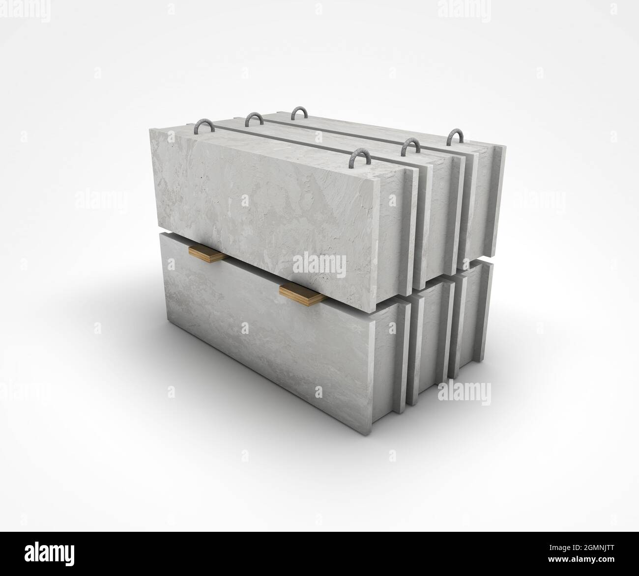 Prefabricated concrete materials, cement panels and tubes on a white ...
