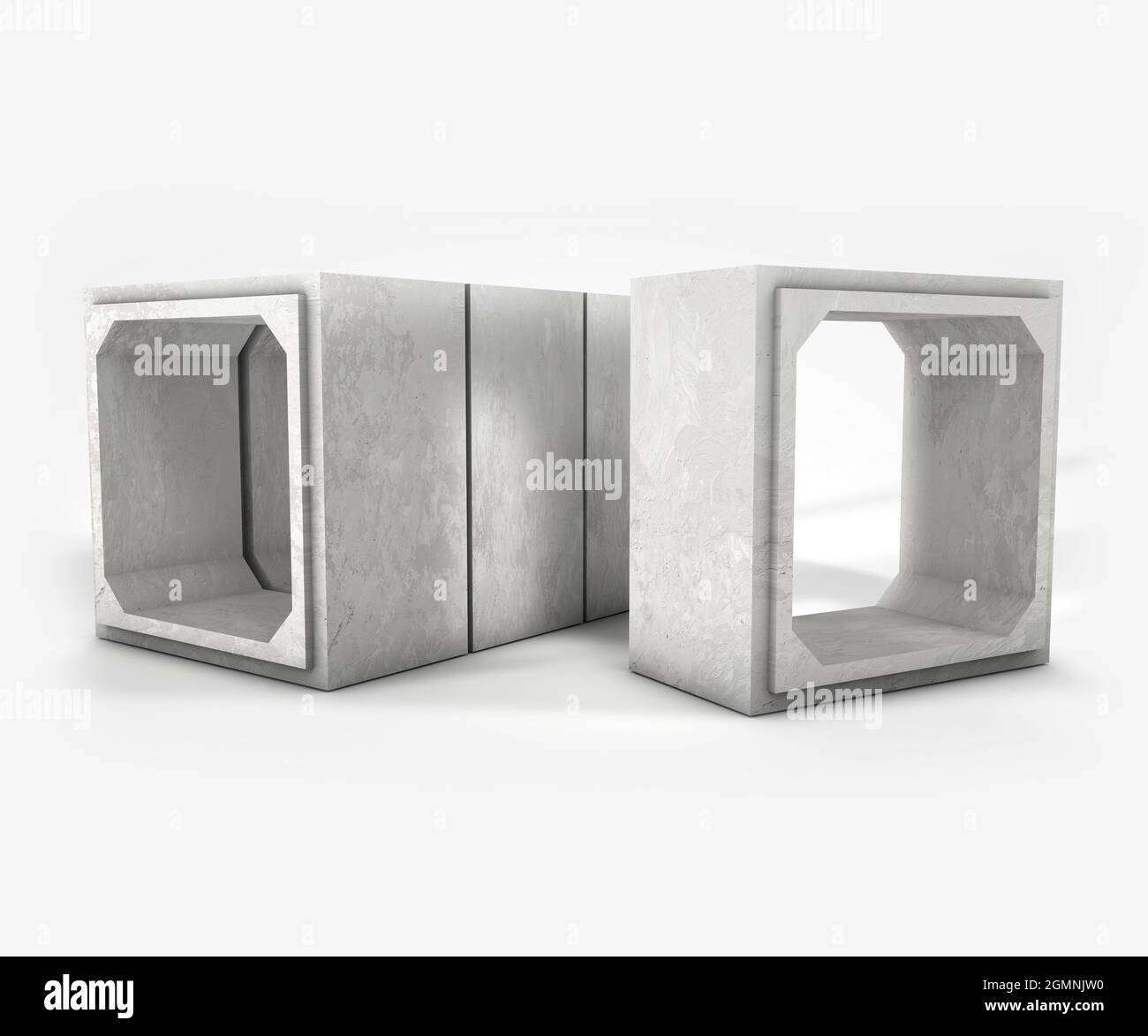 Prefabricated concrete materials, cement panels and tubes on a white ...
