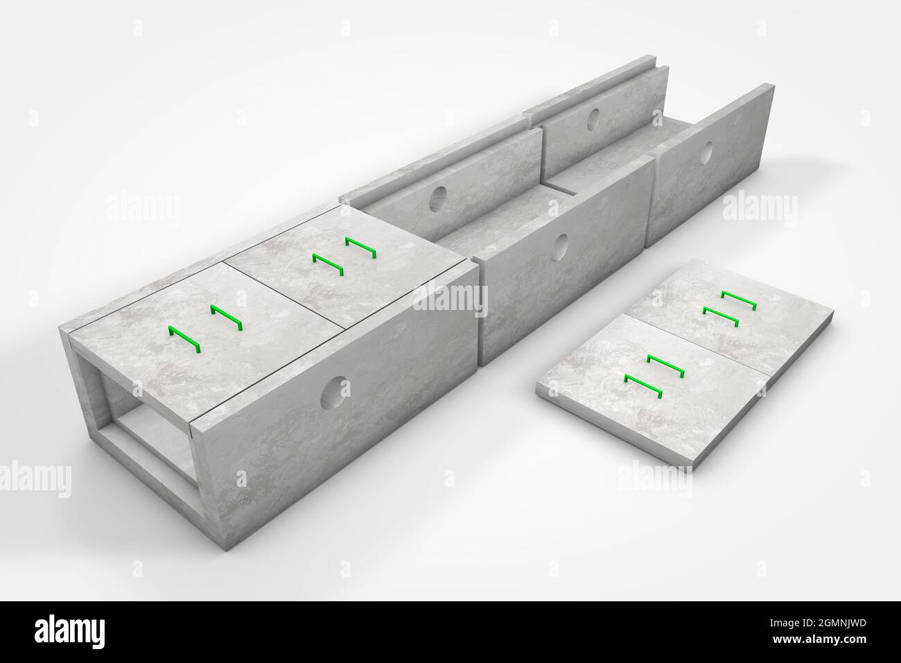 Prefabricated concrete materials, cement panels and tubes on a white ...