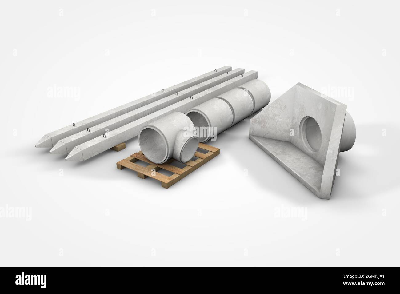 Prefabricated concrete materials, cement panels and tubes on a white ...
