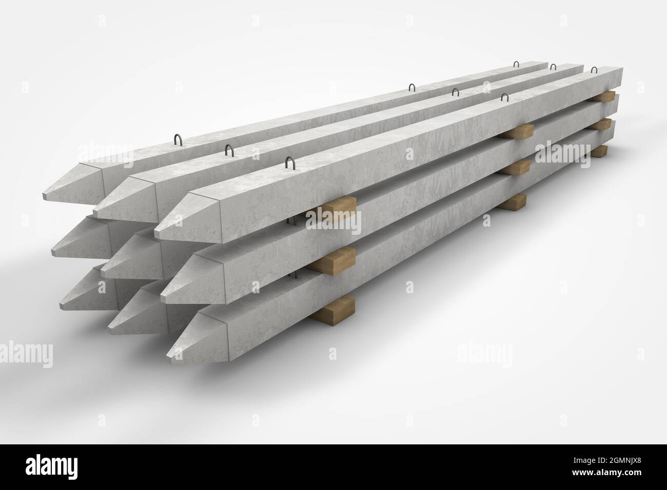 Prefabricated concrete materials, cement panels and tubes on a white ...
