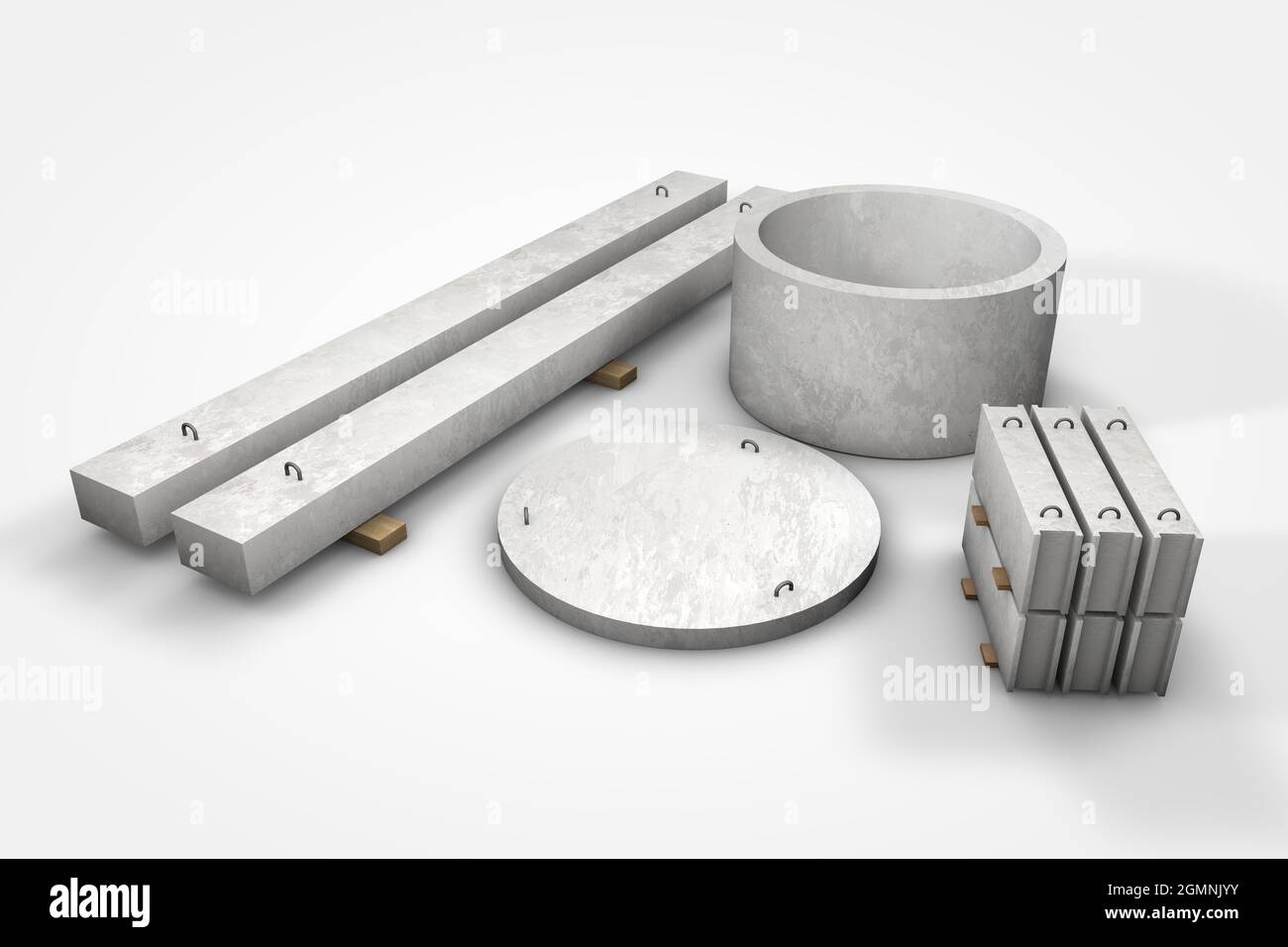 Prefabricated concrete materials, cement panels and tubes on a white ...