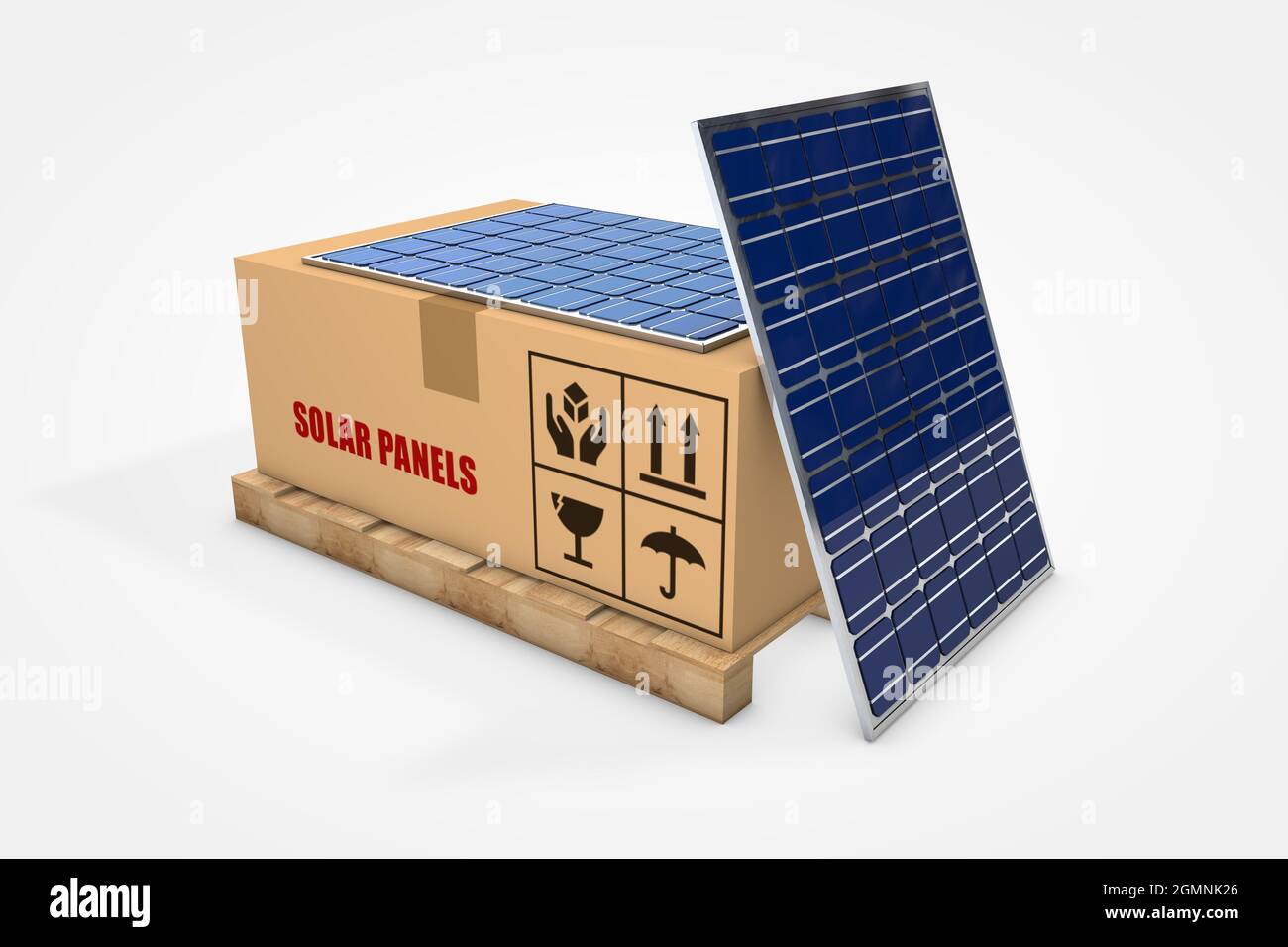 photovoltaic solar panel inside cardboard box on white background, 3D ...