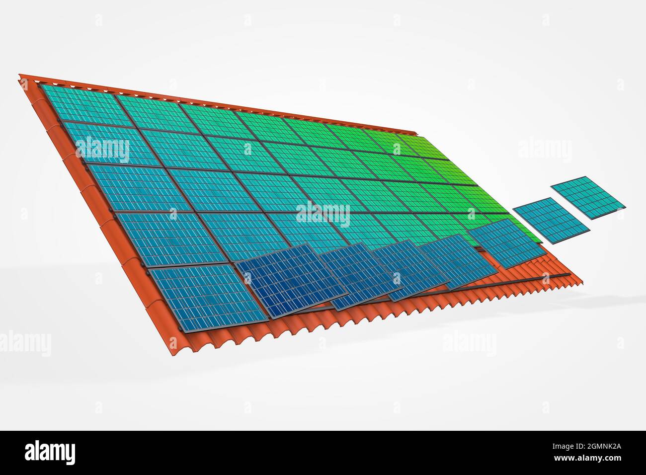 photovoltaic solar panel on ceramic roof, 3D illustration Stock Photo ...