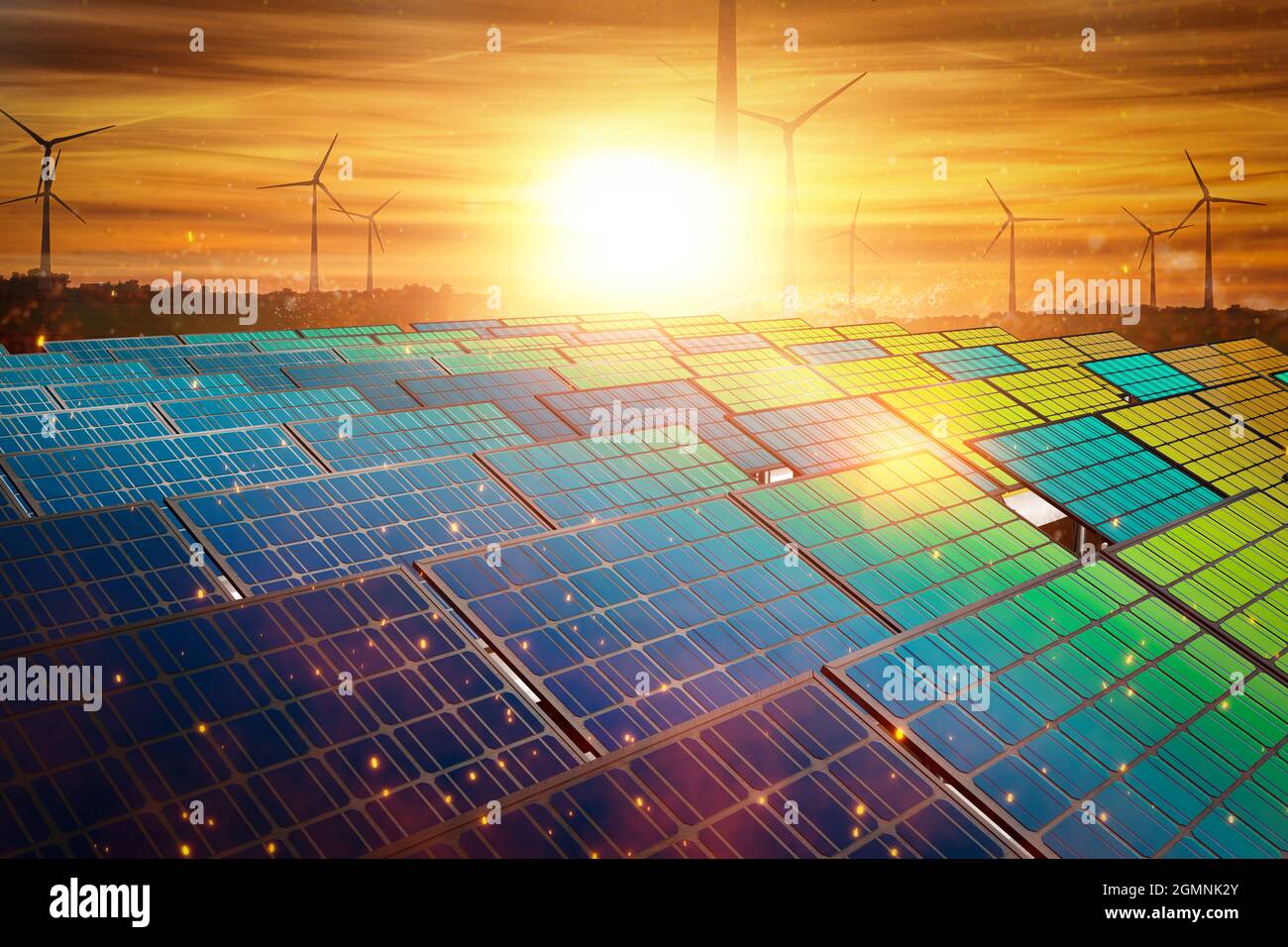 photovoltaic solar panel on sunset sky 3d illustration Stock Photo - Alamy