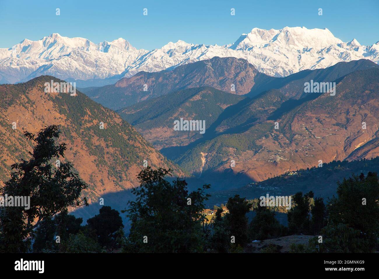Mount Chaukhamba and woodland, Himalaya, panoramic view of Indian Himalayas mountains, great ...