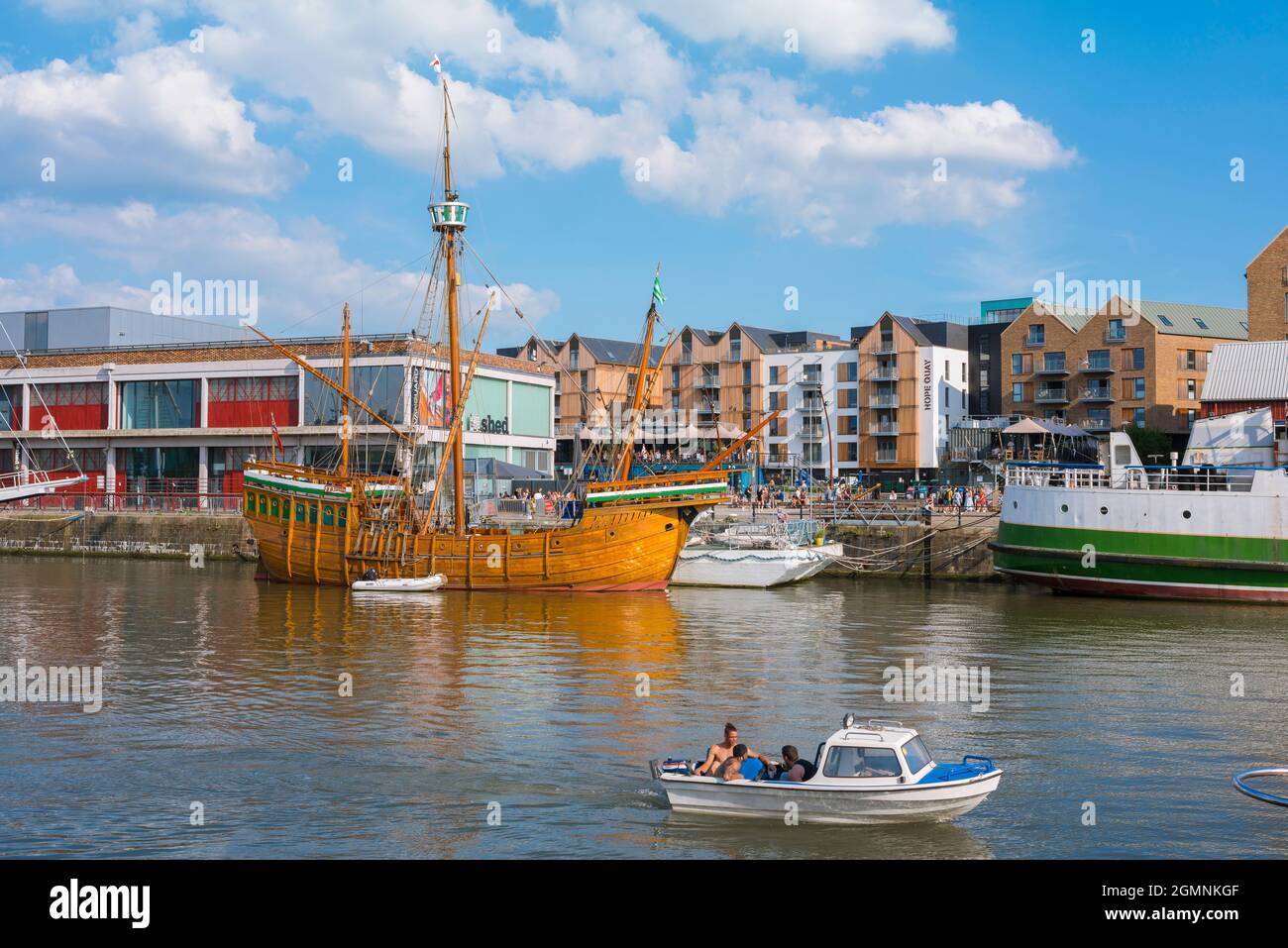 Bristol, view of the Floating Harbour and a replica of the sailing ship ...