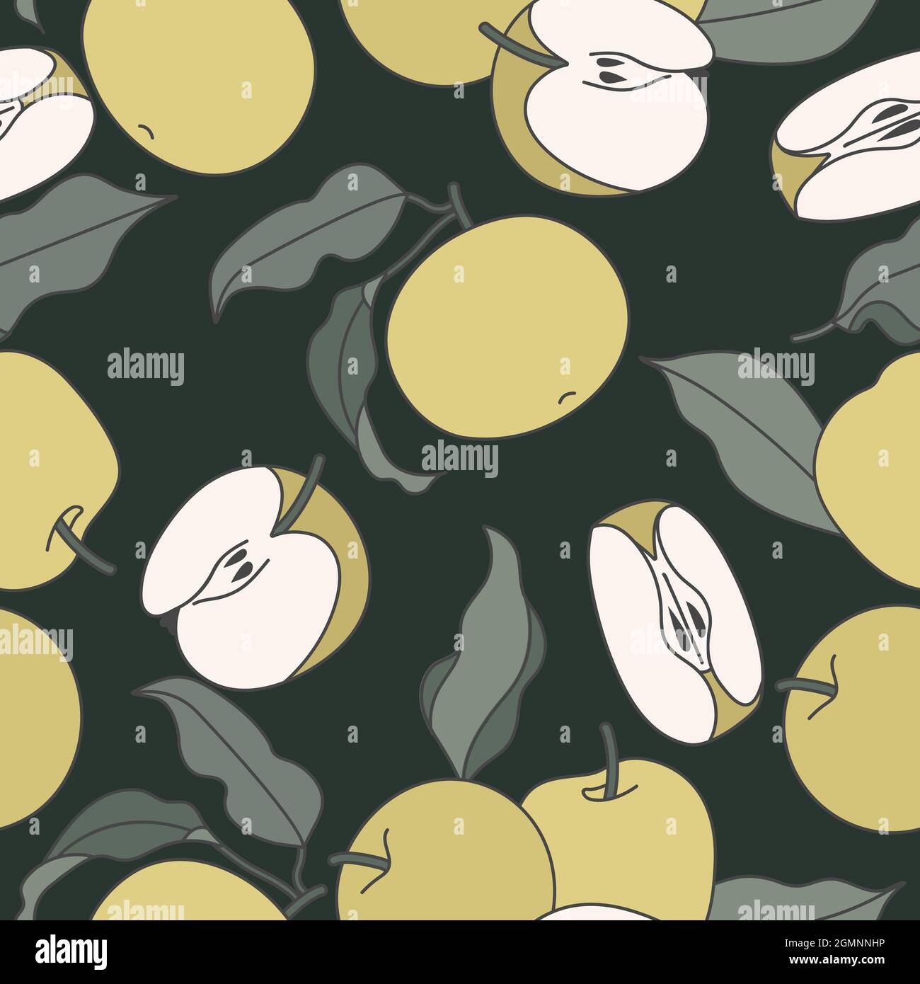 Vector illustration seamless pattern with green apple. Colorful summer wallpaper. Apples fruits ...