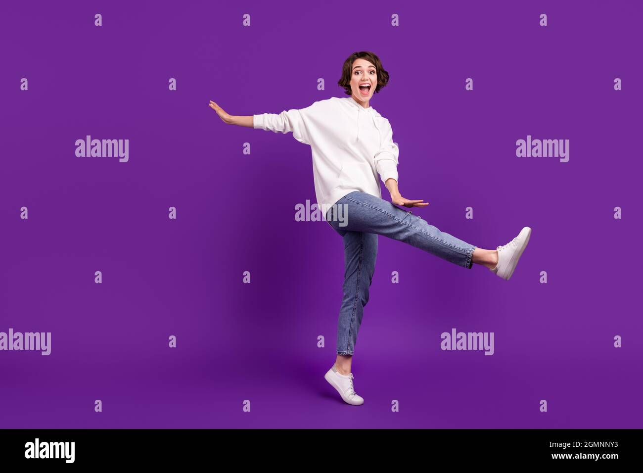 Full length body size photo girl dancing at party relaxing on weekend ...