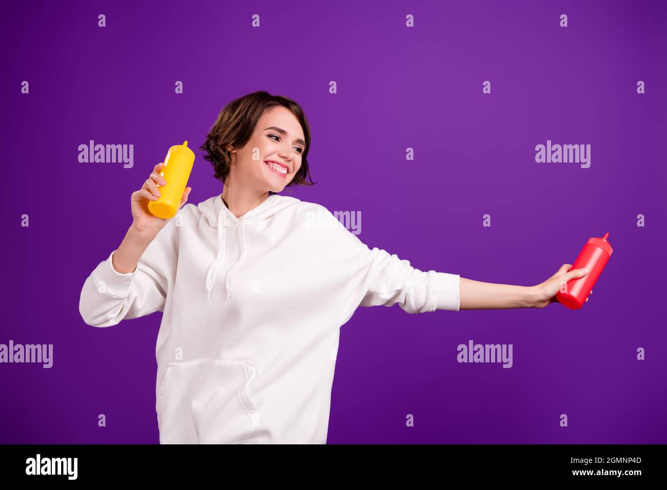 Photo of young good mood positive female dance in cafeteria hold ...
