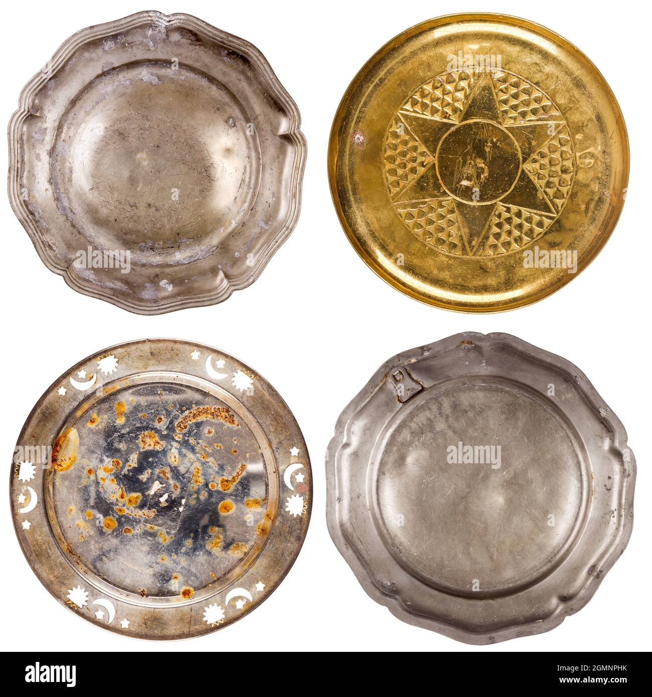 Collection of old metal plates isolated on white background Stock Photo ...