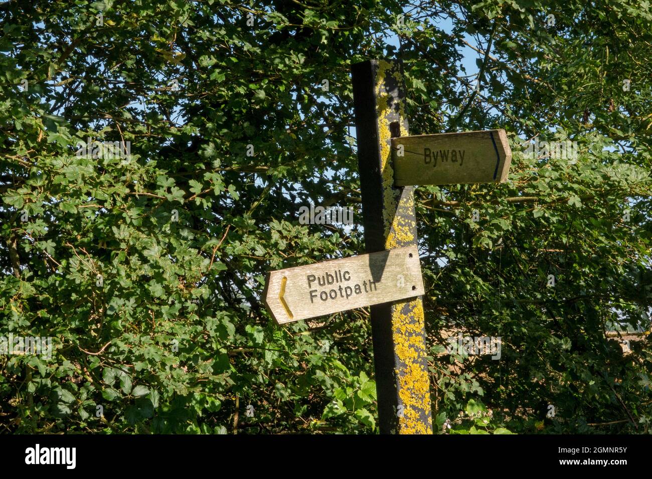 Public footpath sign on a roundel with yellow arrow on a black ...