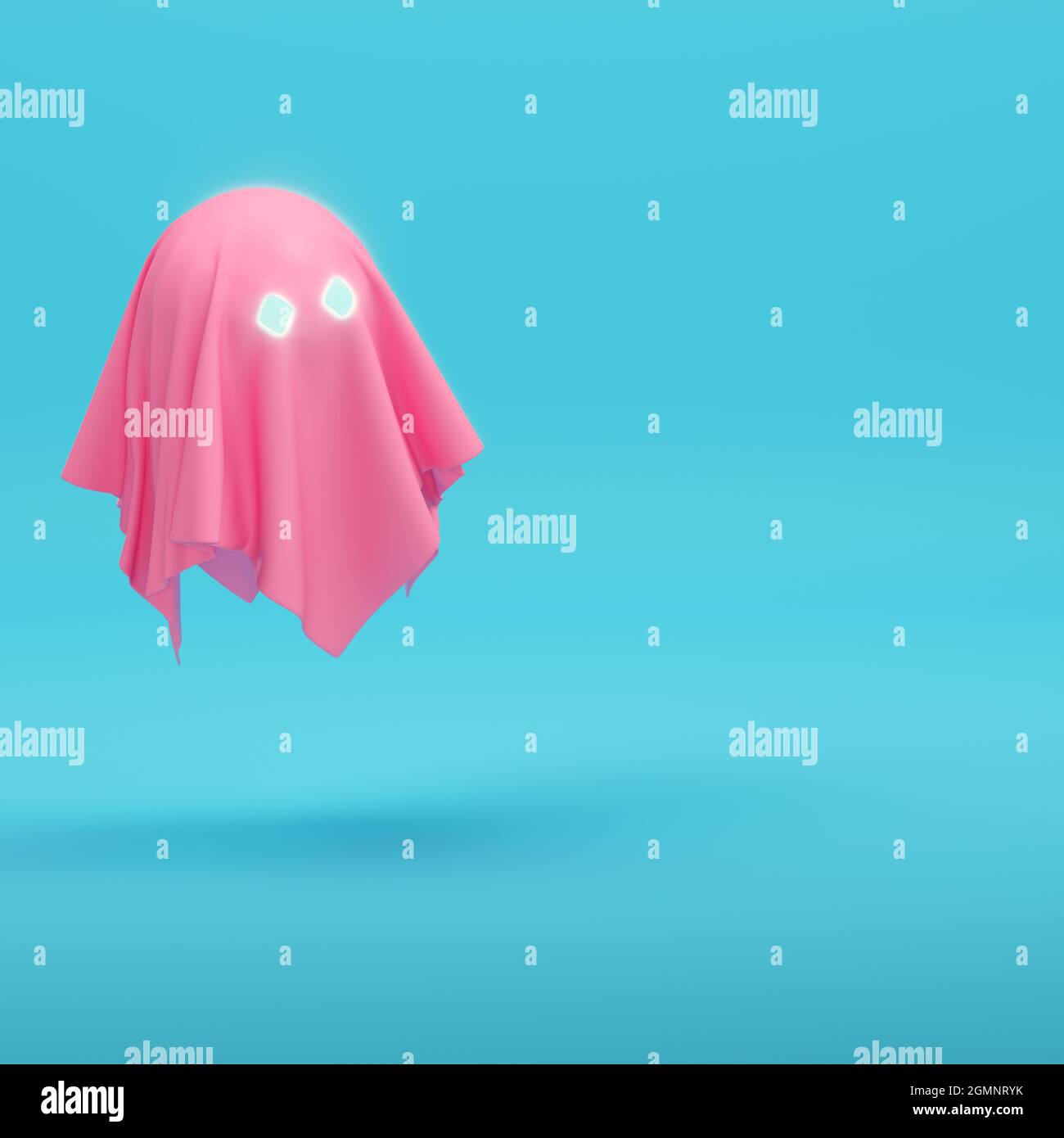 Pink cute ghost character on bright blue background in pastel colors ...
