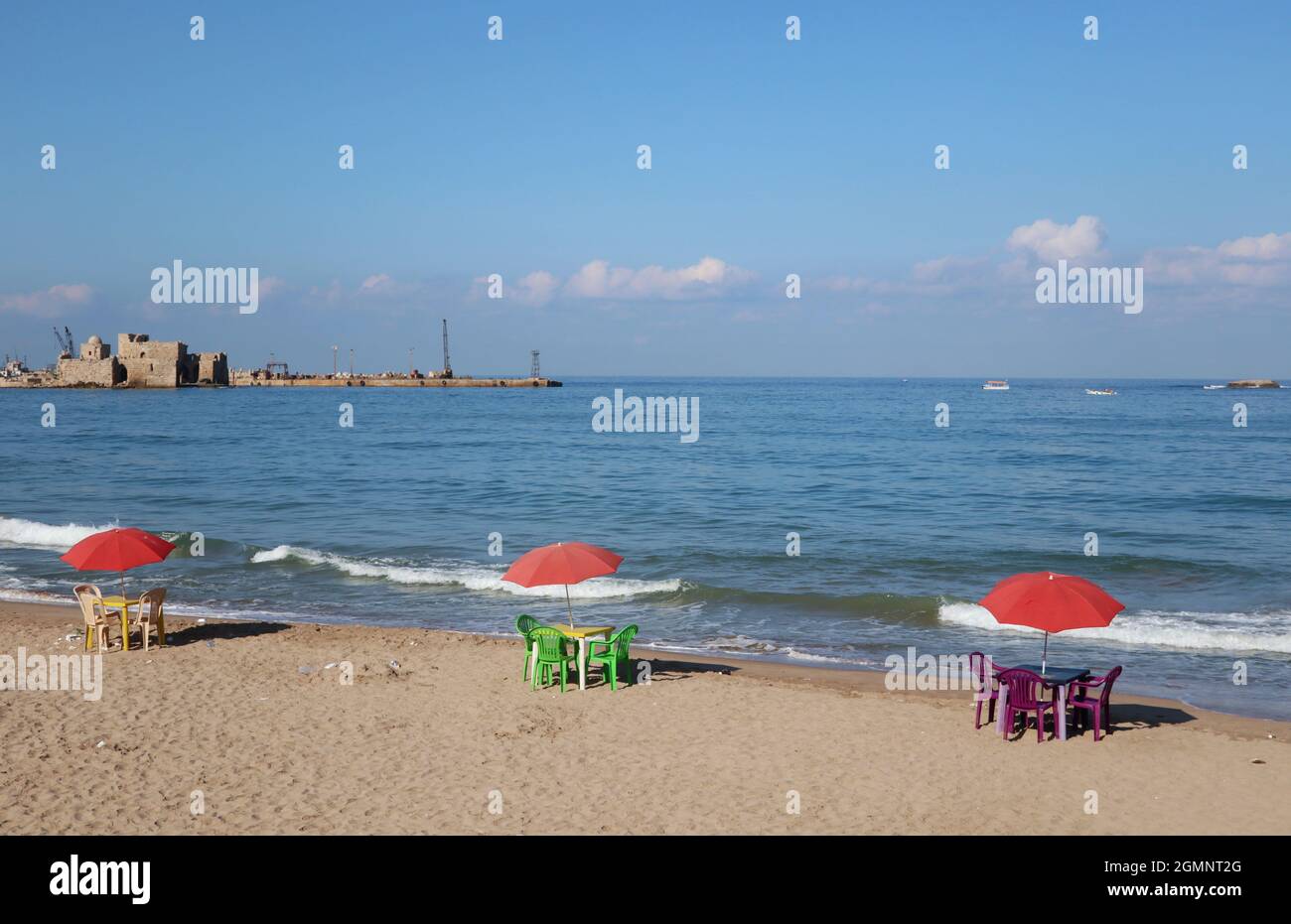 A view of the beach and the Crusaders Castle, Saida, Lebanon, September ...