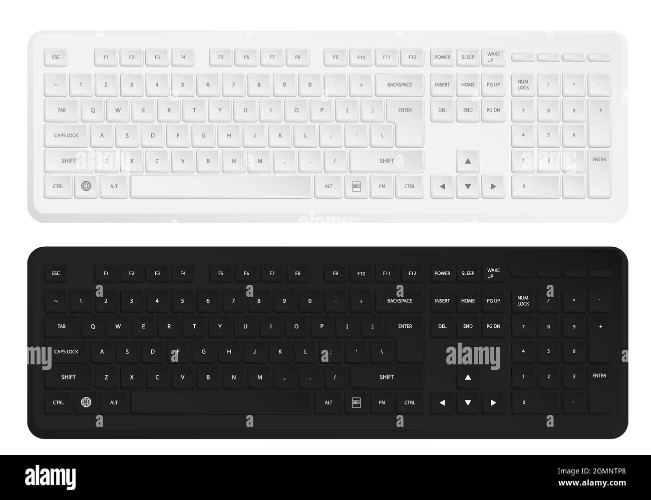 Realistic white and black wireless personal computer keyboard. English ...