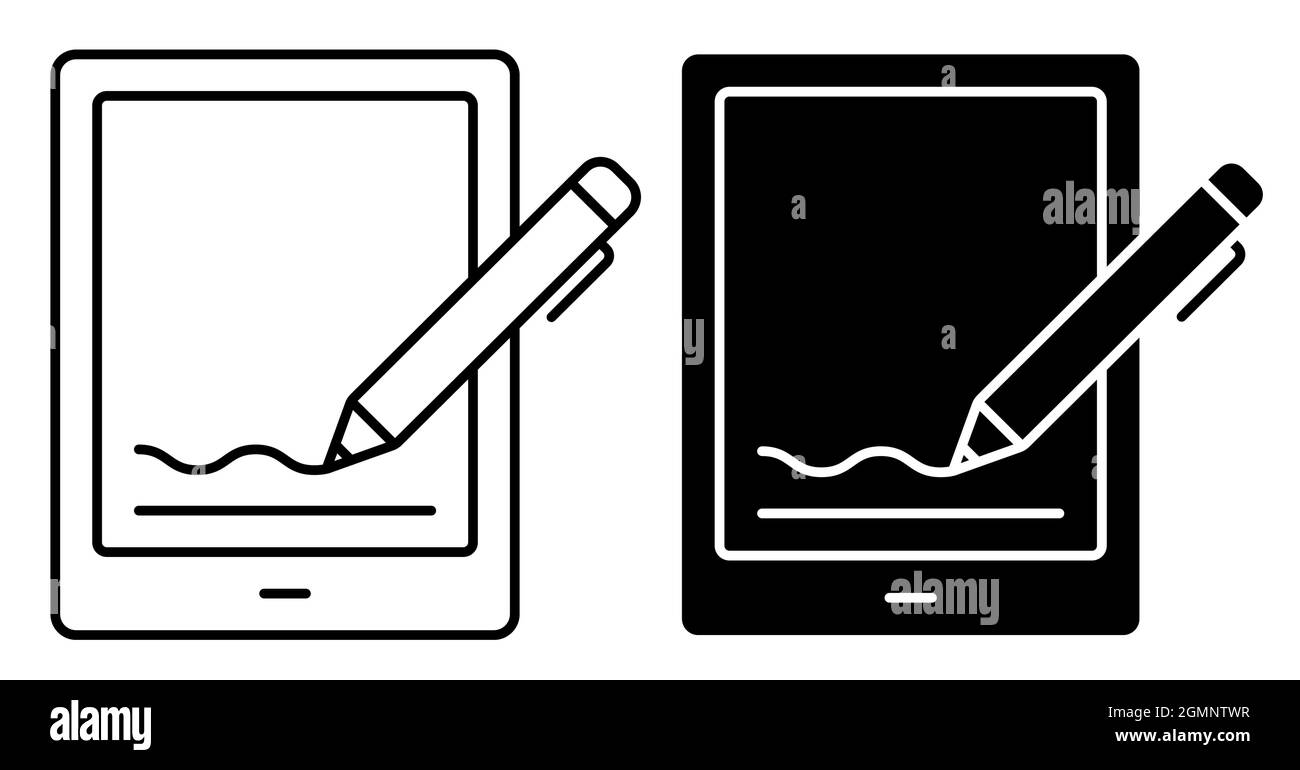 Linear icon. Electronic pen digitally signs tablet screen. Using ...