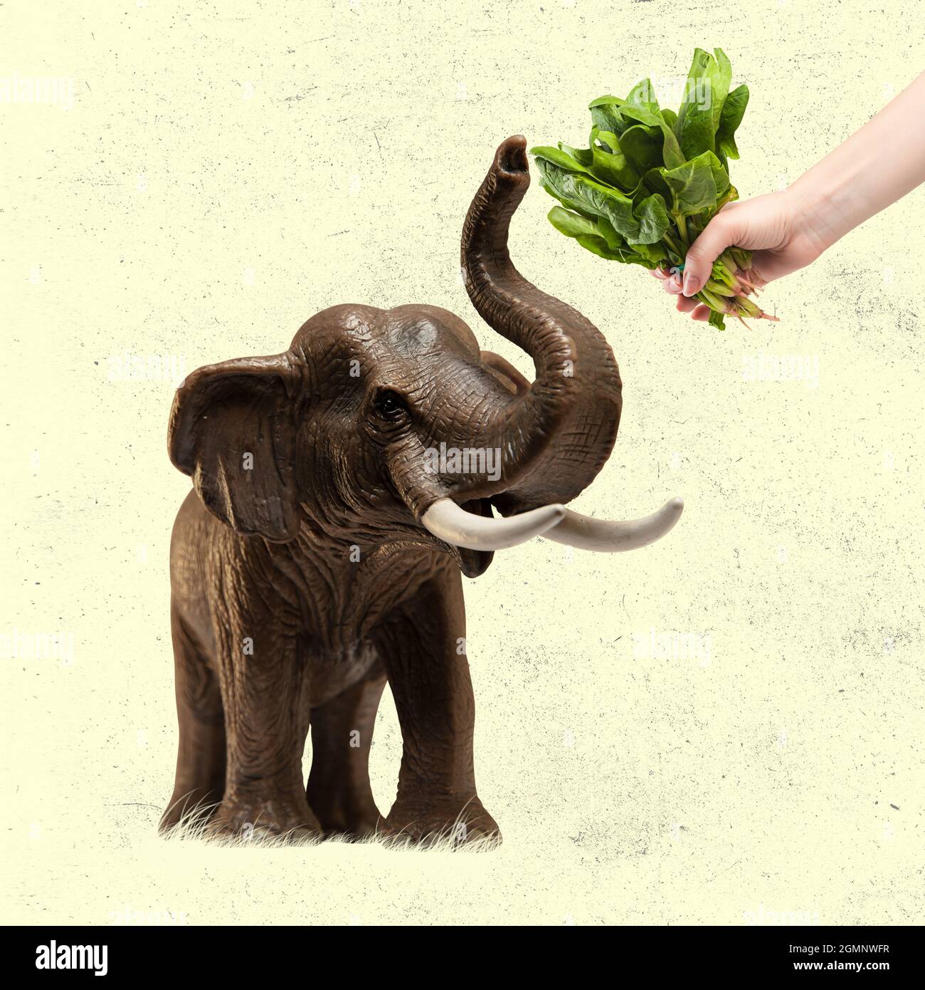 Contemporary artwork collage concept. Portrait of toy elephant eating ...