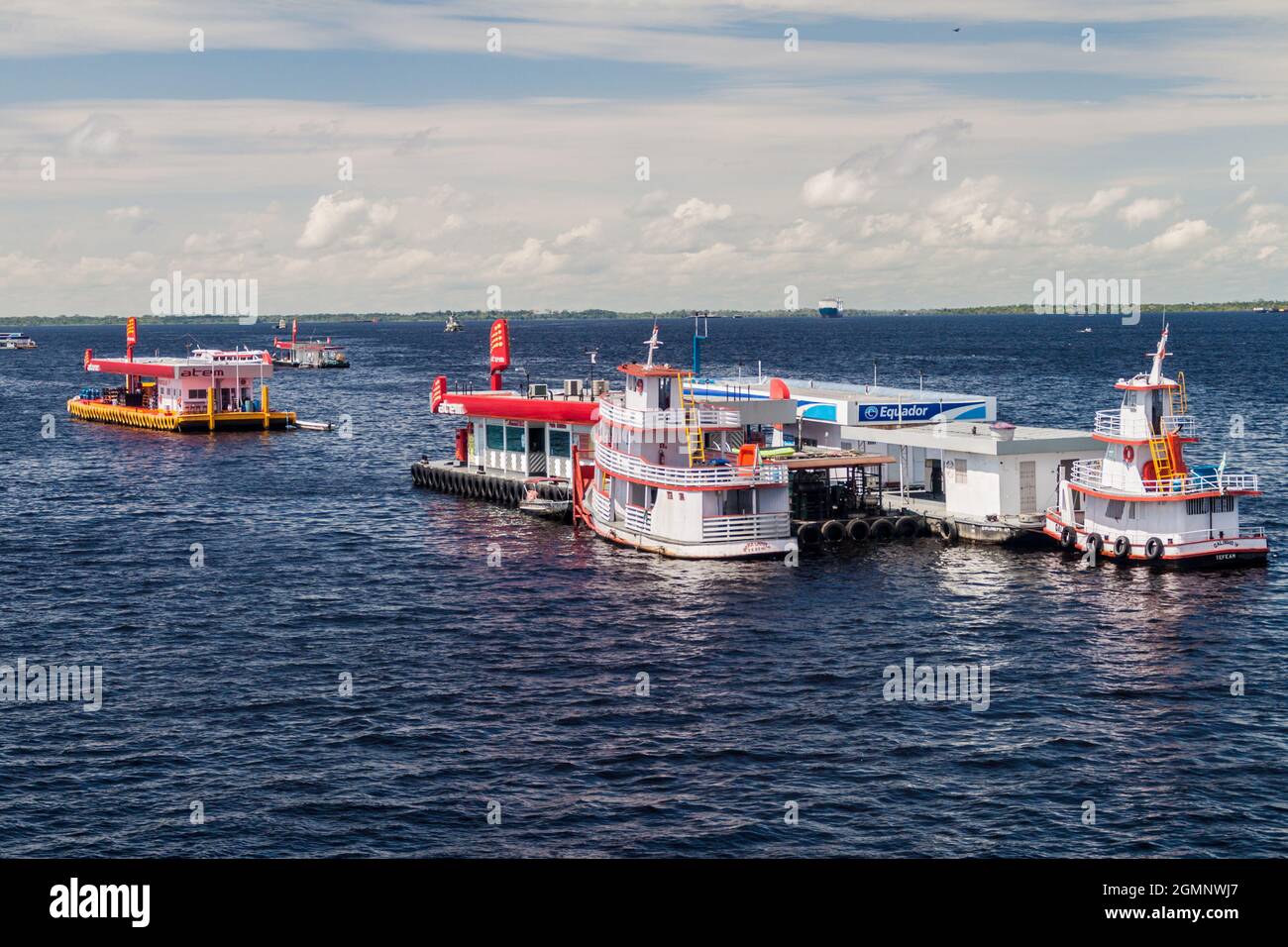 MANAUS, BRAZIL - JULY 27, 2015: Floating gas stations at Manaus port ...