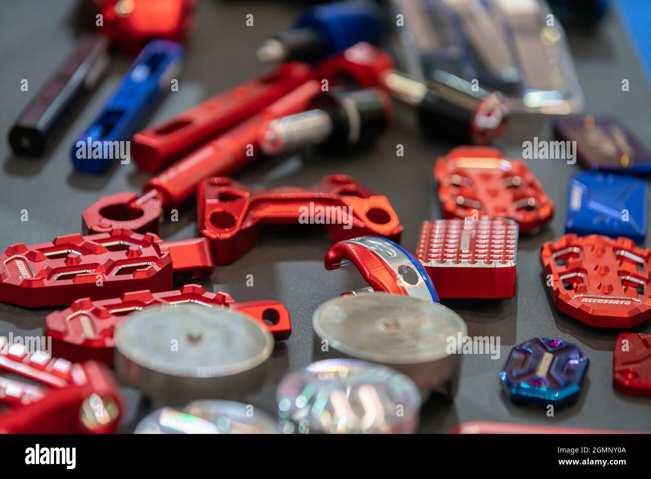 Closeup shot of motorcycle spare parts display in China International ...