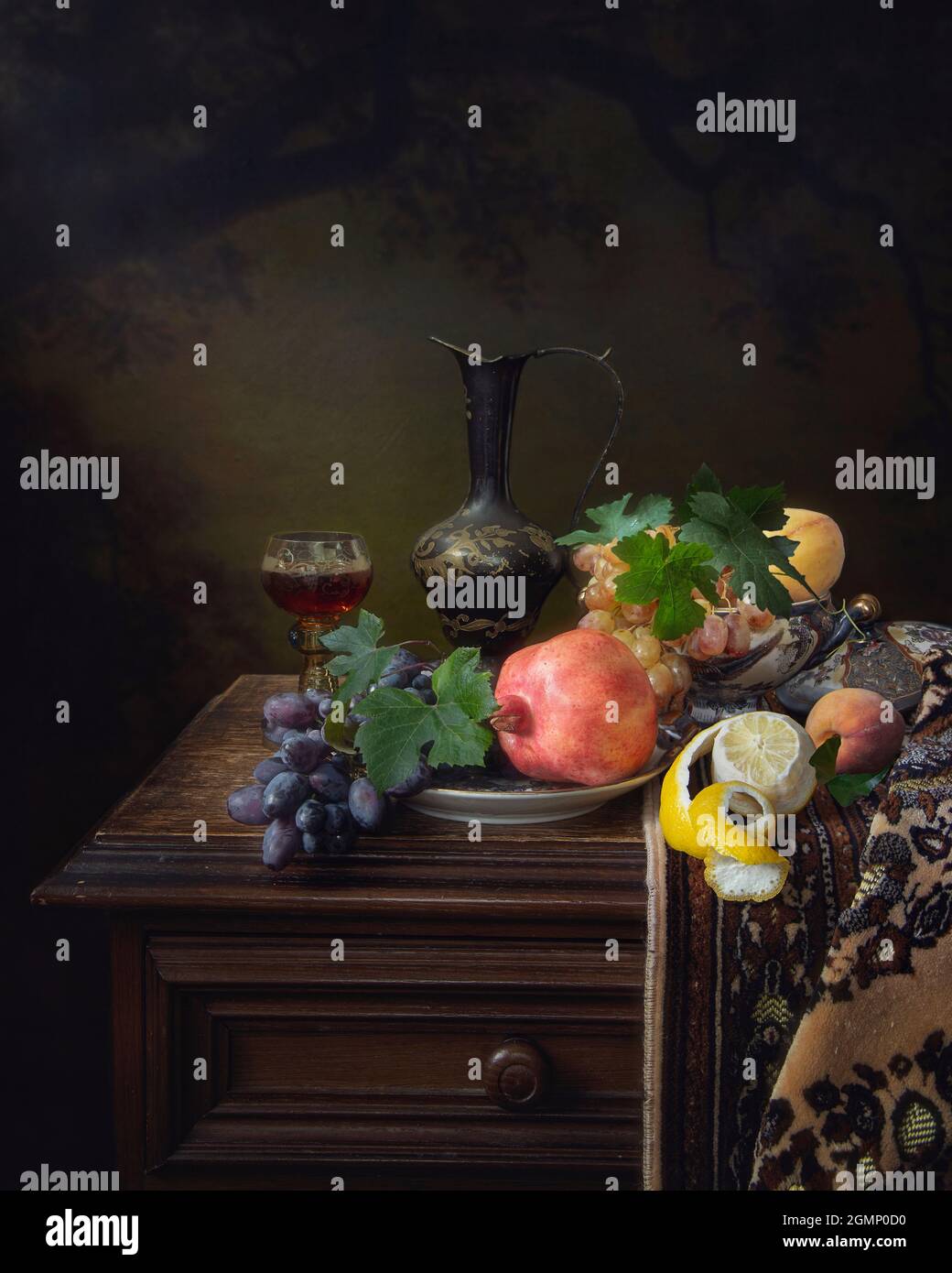 Still life with fruits and wine in Renaissance style Stock Photo - Alamy