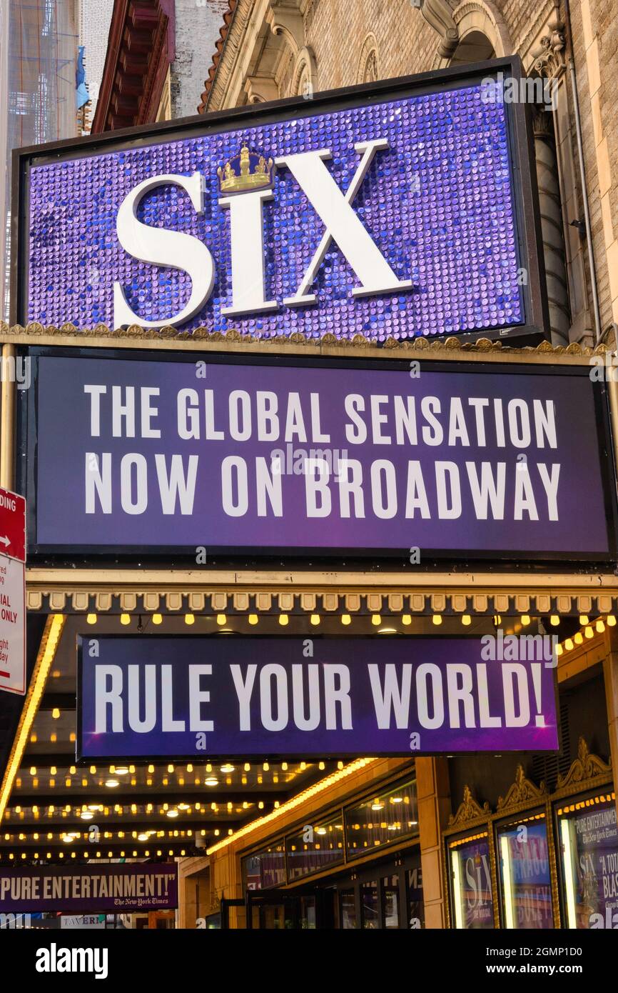 "Six" Marquee at the Brooks Atkinson Theater in Times Square, NYC, USA ...