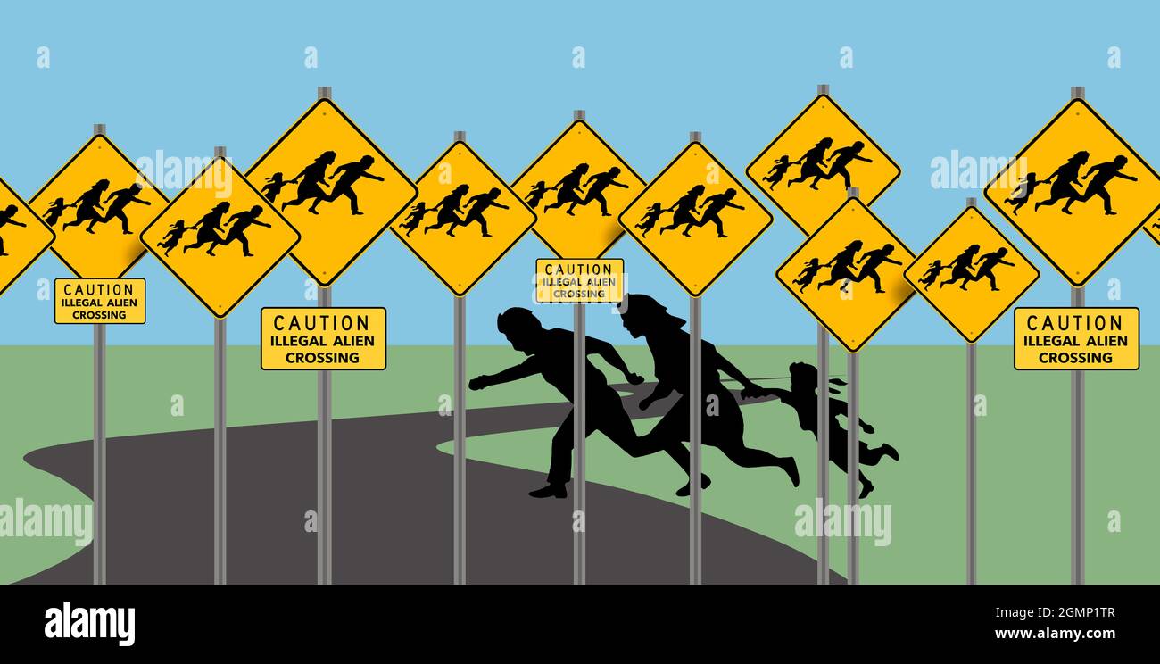Caution illegal alien crossing traffic signs are seen as a silhouetted ...