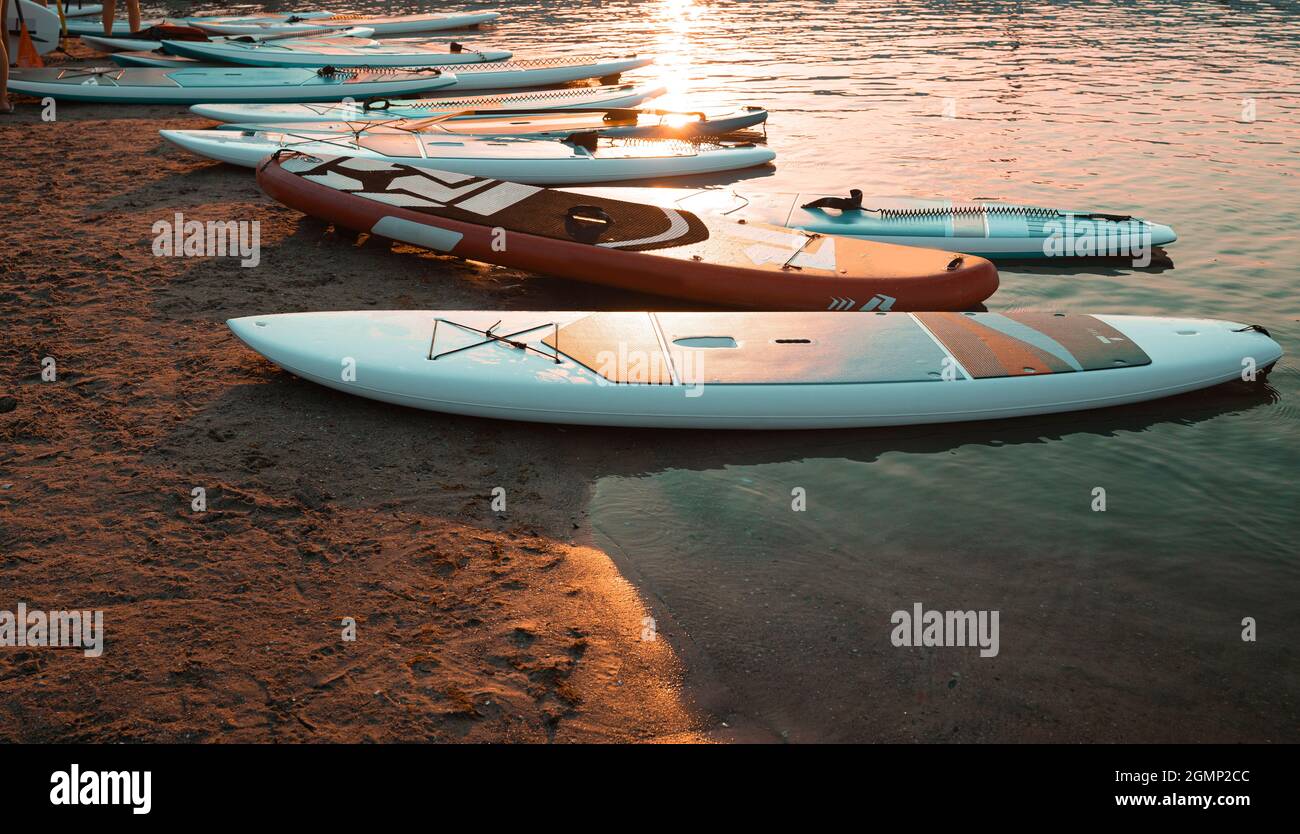 Woman in ocean paddling on surfboard hi-res stock photography and ...