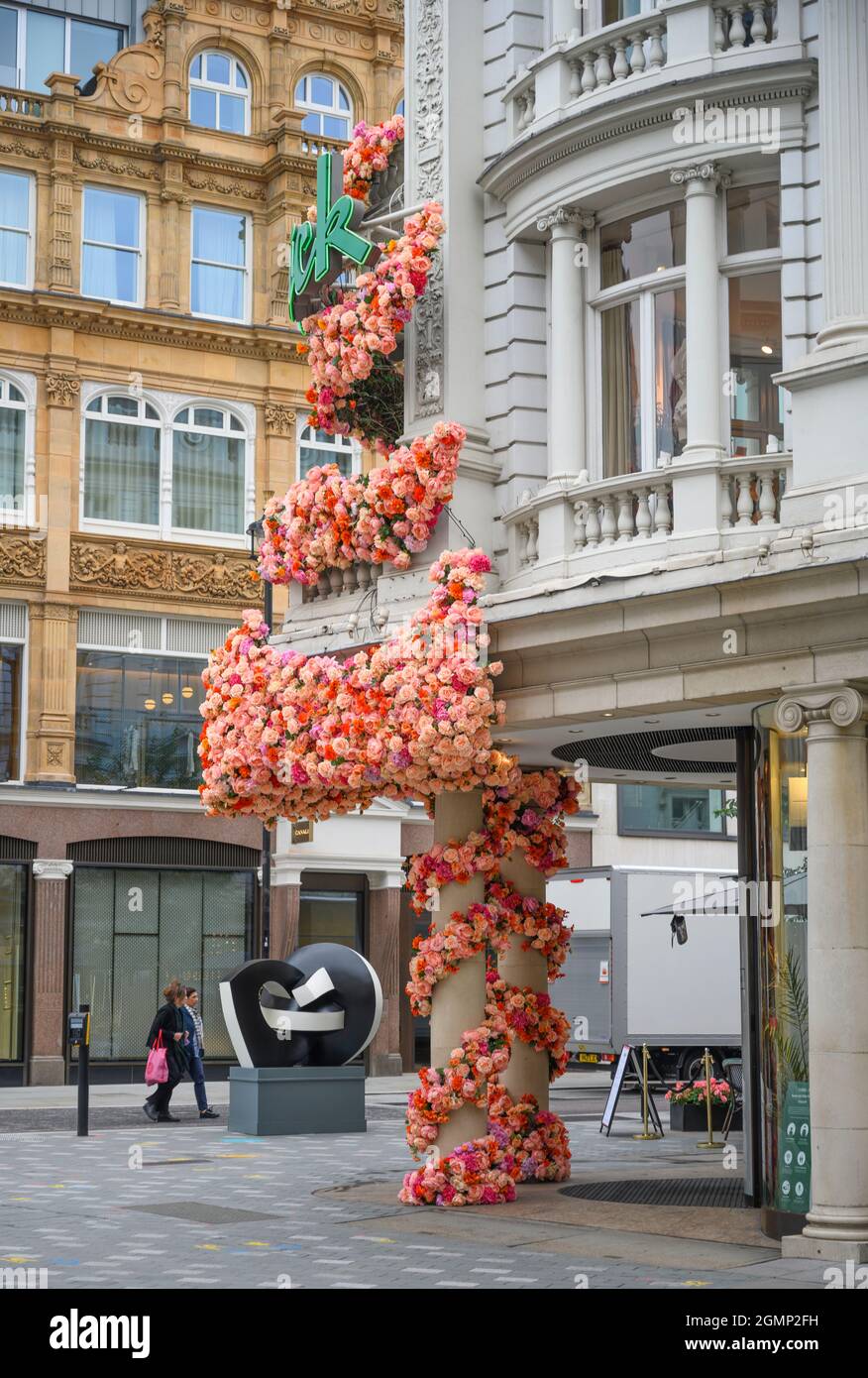 20 September 2021. Floral entrance display at Fenwick store in New Bond ...