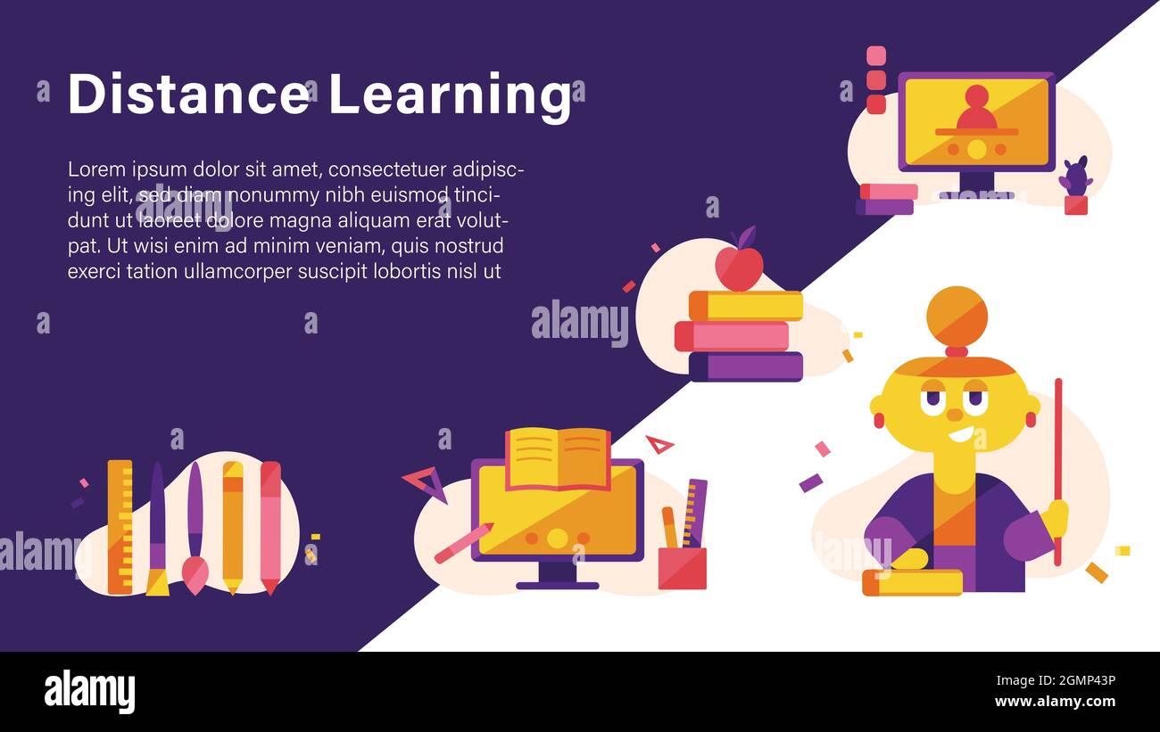 Vector illustration of learning online icons on purple white background ...