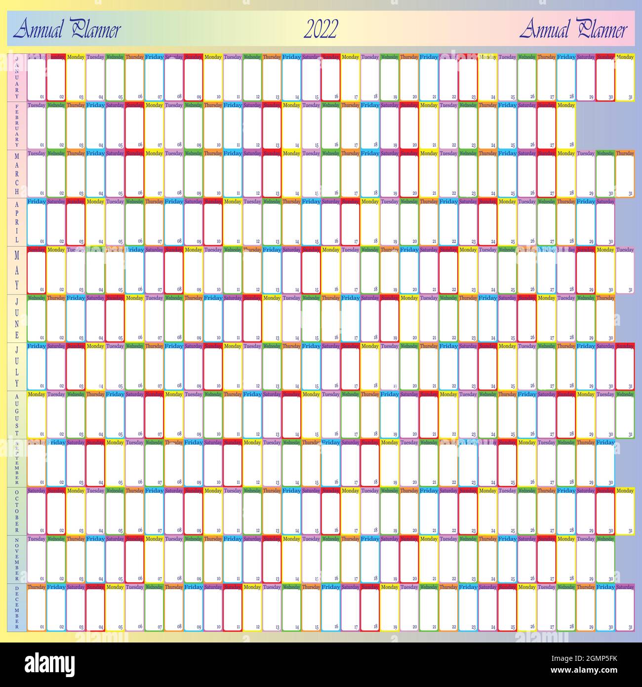 Annual planner 2022 square with specific color for each weekday - TO BE ...