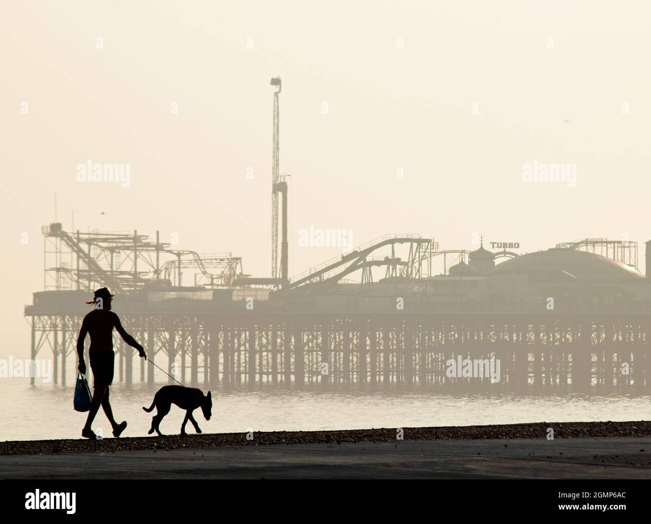 A man walks his dog along the beach at Brighton Stock Photo - Alamy