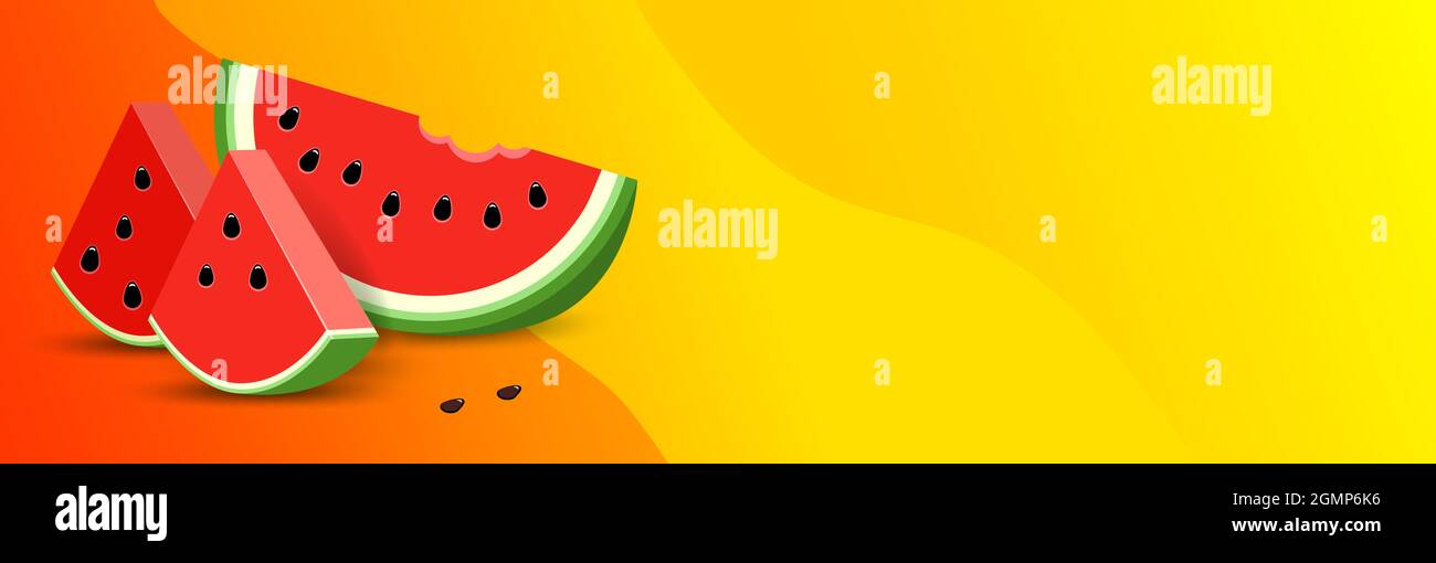 Yellow Summer template banner with Watermelon. 3D slice Watermelon with ...