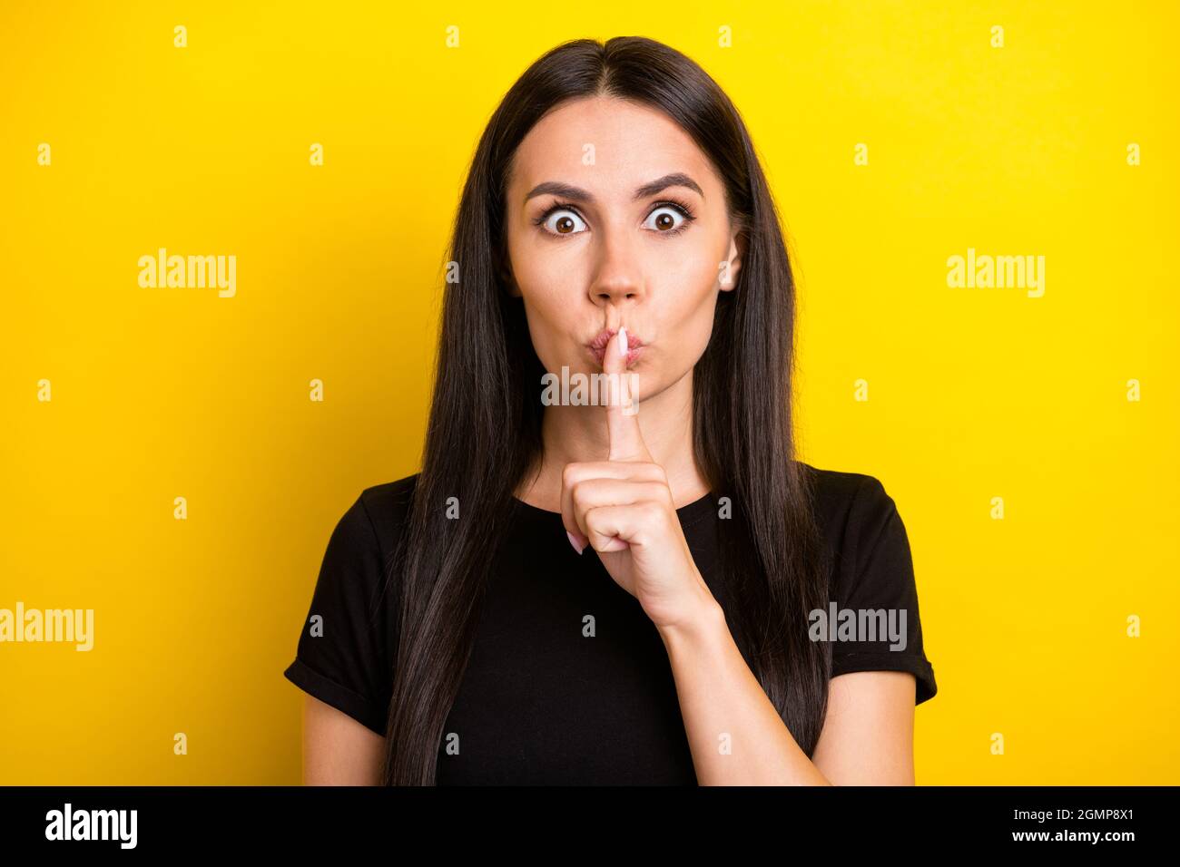 Photo portrait of woman keeping finger near lips secret isolated ...