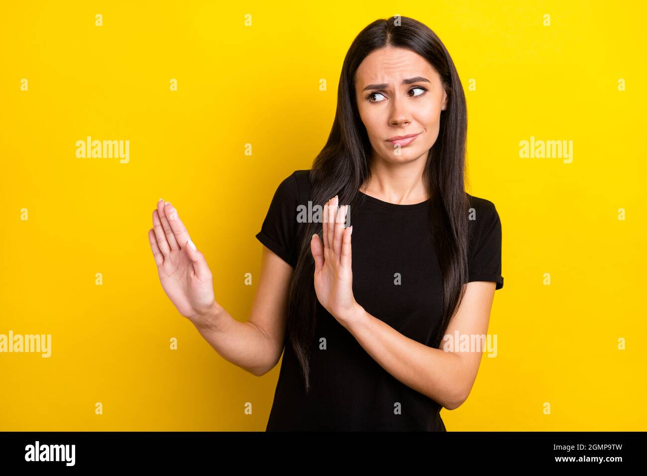 Photo portrait of girl looking copyspace disgusted rejecting ignoring ...